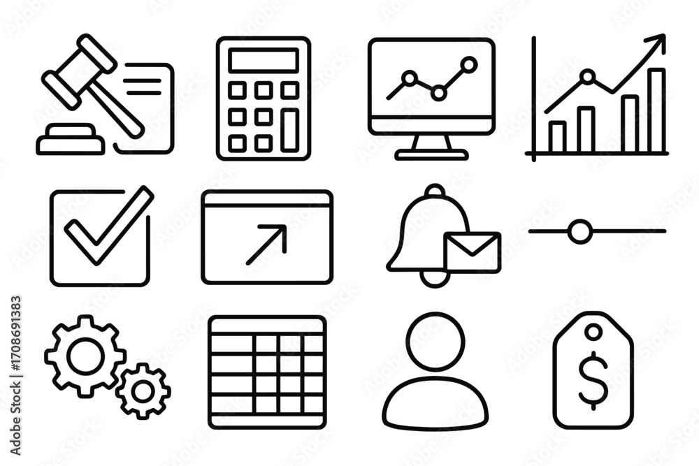 Bidding Tools Icons. Line style icons of bidding tools: gavel and ...