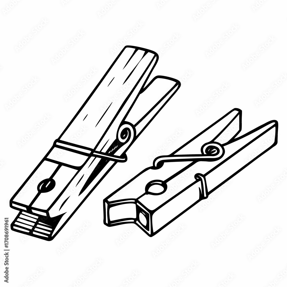 Two clothespins depicted in a black and white drawing with detailed ...