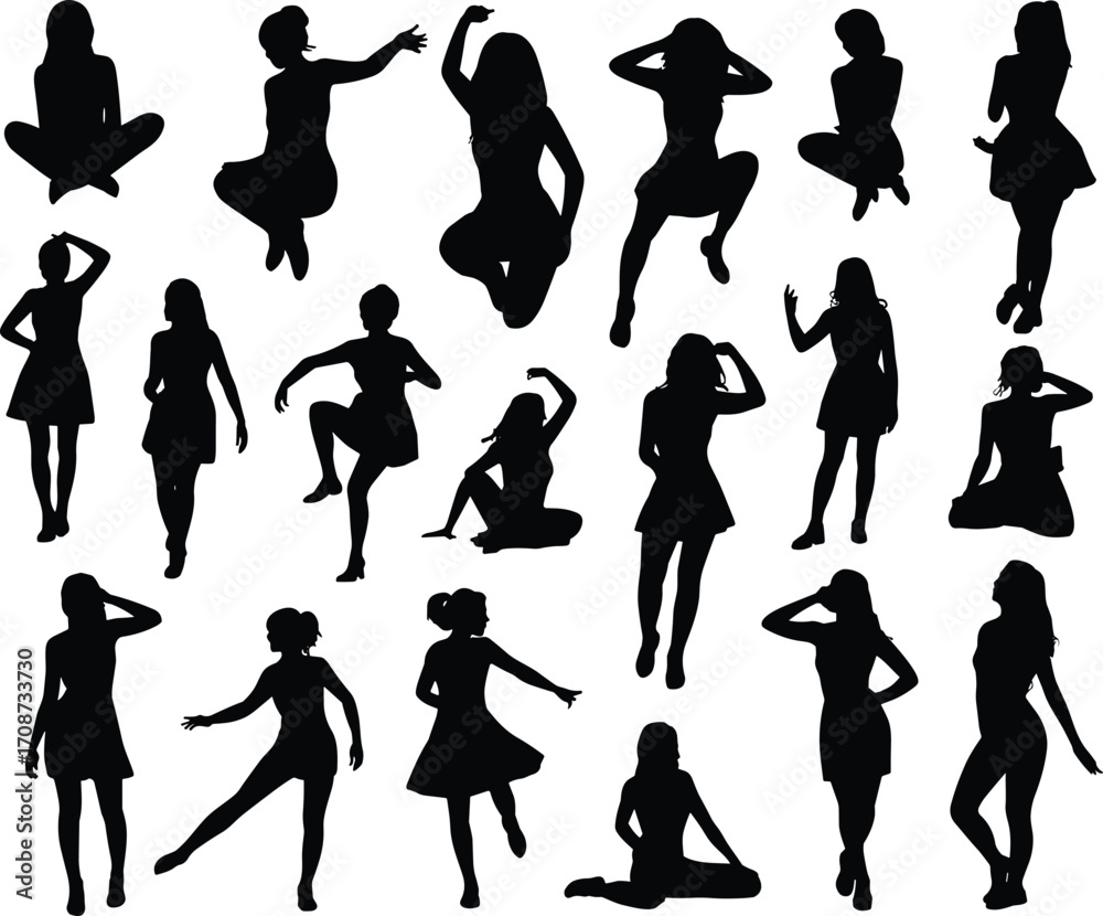 Vector de Stock Silhouettes of women in various dynamic poses, female ...