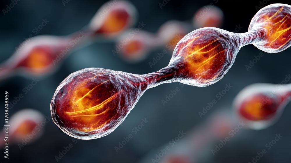 Series of red blobs with orange flames on them. The blobs are connected ...