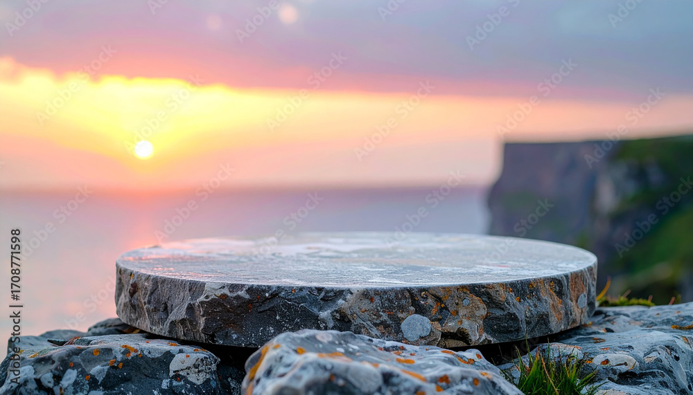 Circular stone pedestal at cliff edge, dramatic sunset. Bold and ...