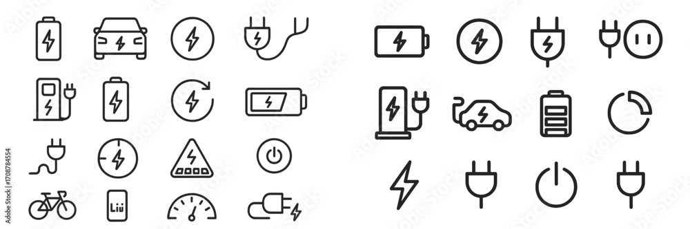 Collection of electric vehicle and charging icons illustrating battery ...