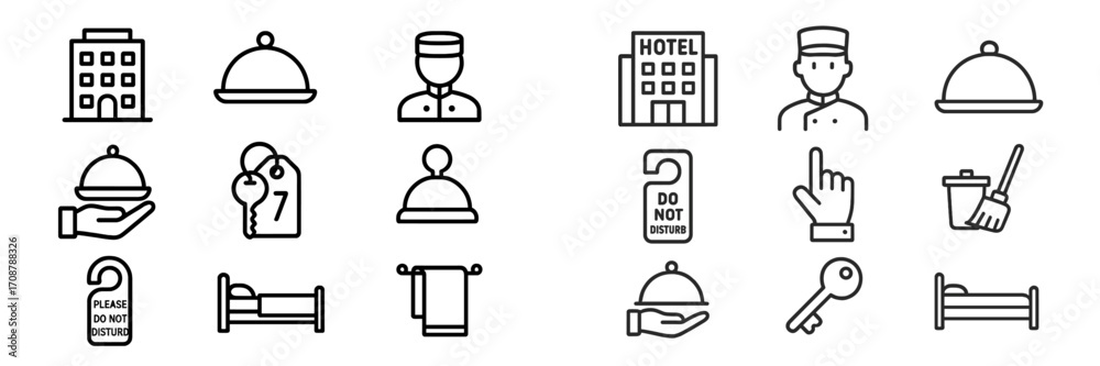 Icons representing hotel services and amenities for a guest experience ...