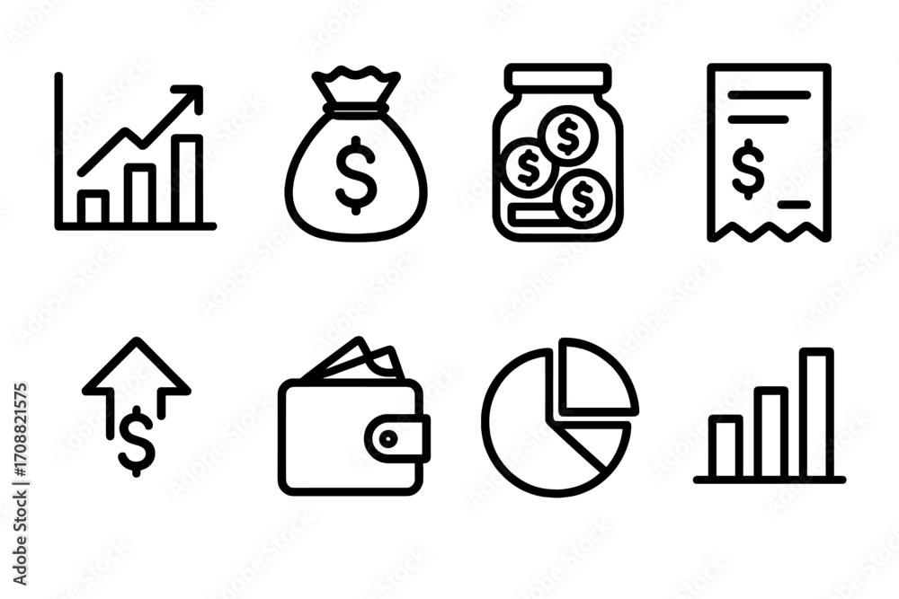 Finance linear icon set. featuring graph, money bag, savings jar ...