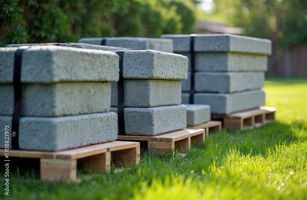 Stacks of grey concrete blocks on wooden pallets. Precast fence ...