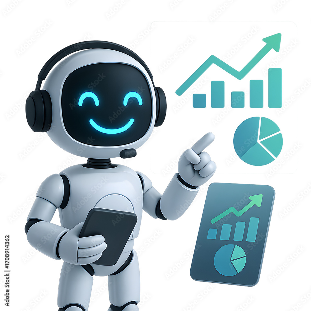 Ilustrace Robot assistant pointing at analytics dashboard charts while ...
