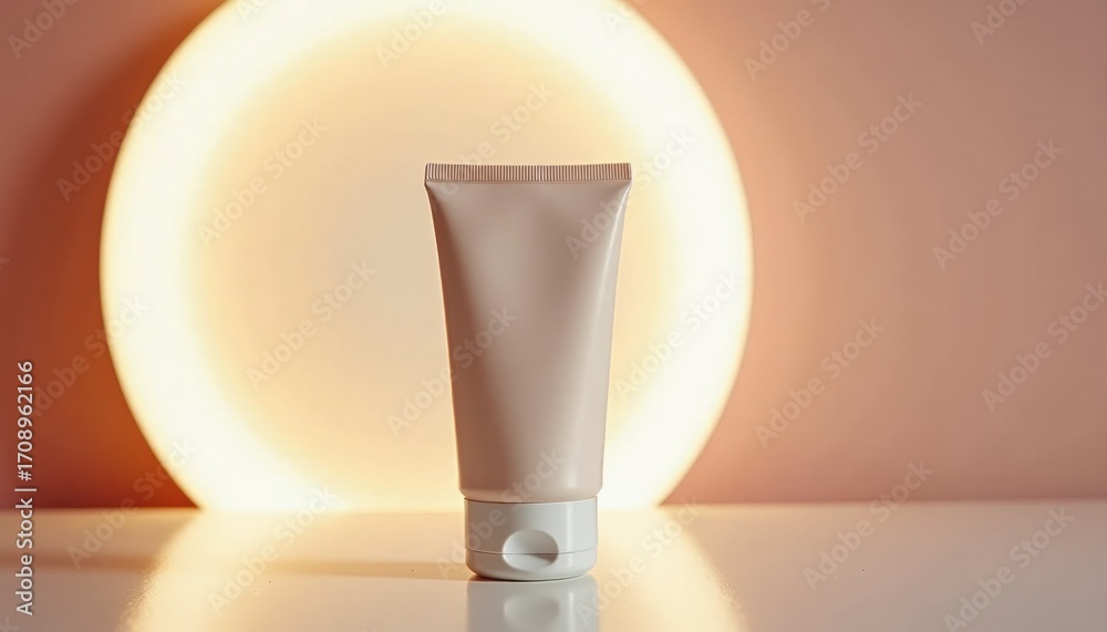 Skincare cream tube on a reflective surface with soft glow background ...