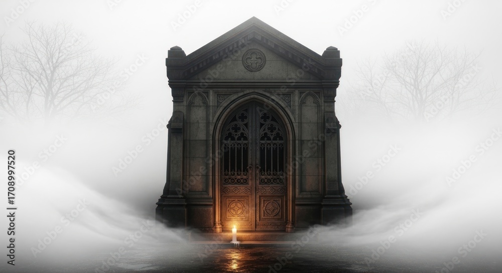 A gothic mausoleum shrouded in fog with a single candle burning in ...