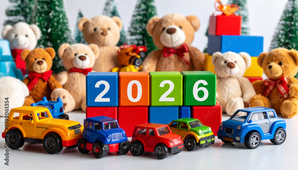 Playful 2026 New Years Scene with Teddy Bears Toy Cars and Festive ...