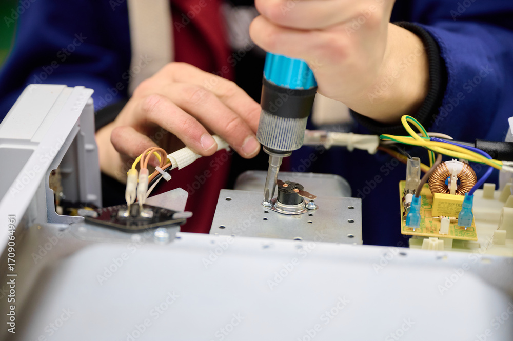 Assembly process of microwave oven electrical components on a conveyor ...