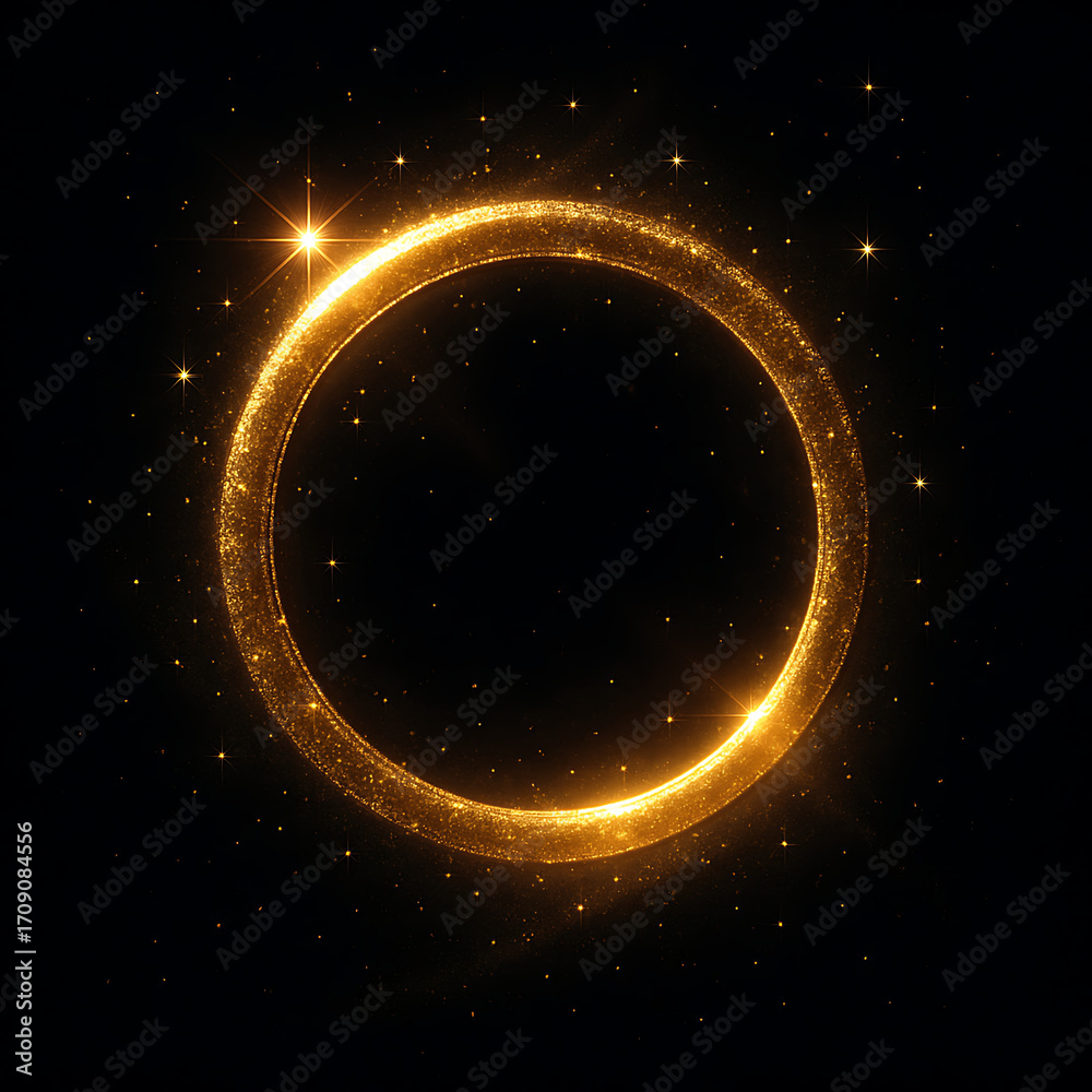 Golden Sparkling Light Ring with Floating Particles on a Starry Black ...