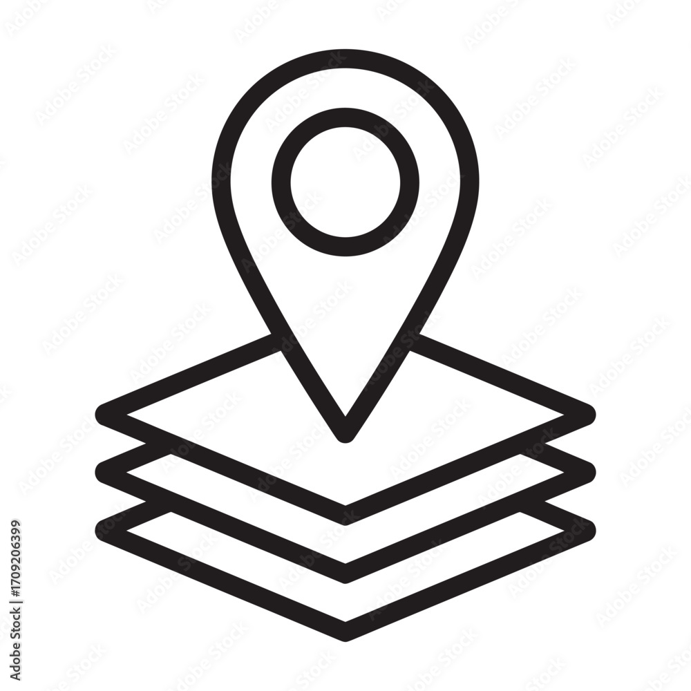 Simple line art icon of a location pin marker on top of layered maps ...