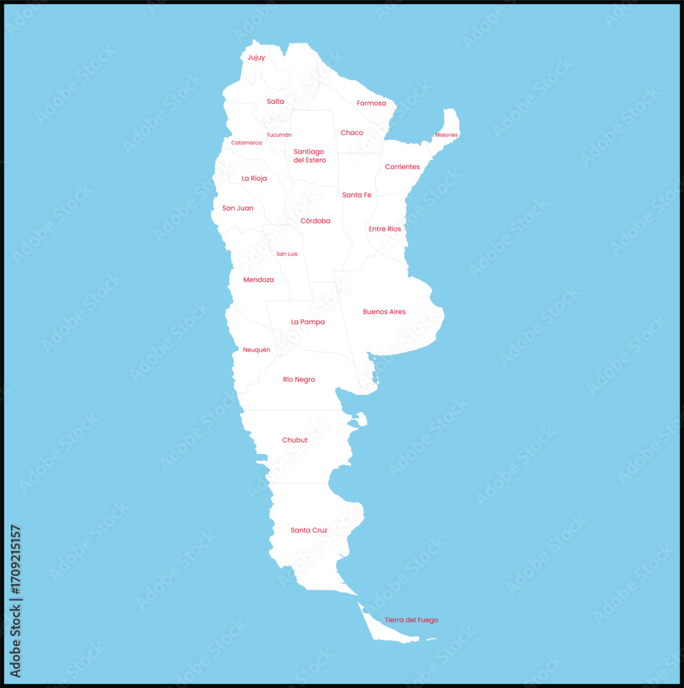 Map of Argentina with regions labeled in red on a blue background.eps ...