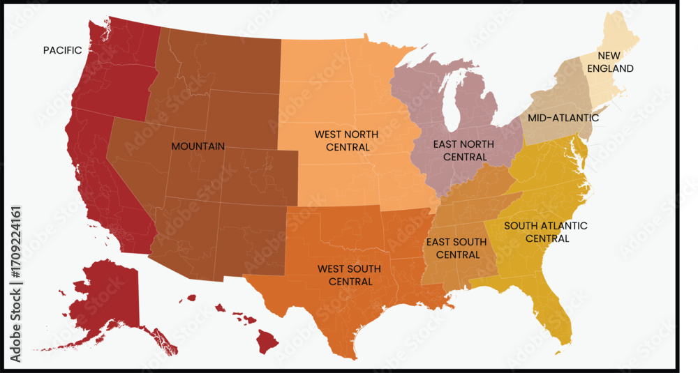 Map of the U.S. showing Census Bureau divisions in different colors.eps ...
