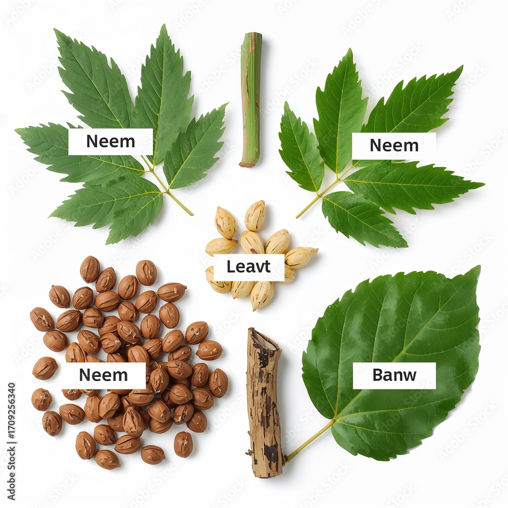 Neem tree parts including leaves seeds bark and stem Stock Illustration ...