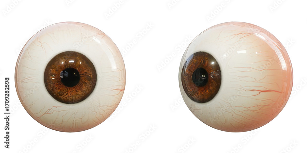 Two prosthetic eyes, one facing front and one facing sideways isolated ...