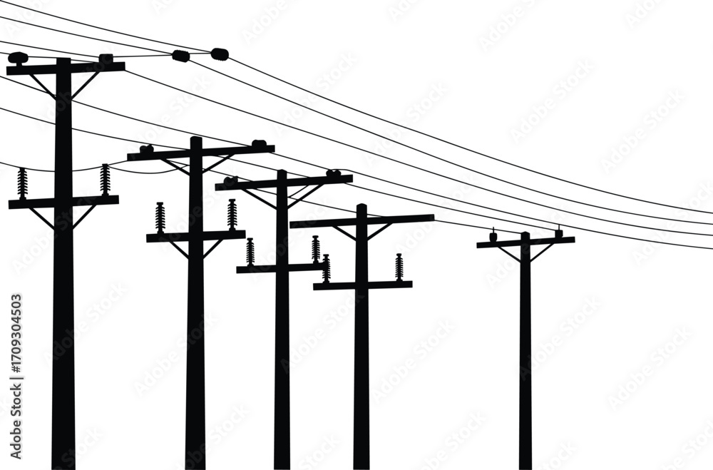 Utility poles with overhead power lines, electrical distribution ...