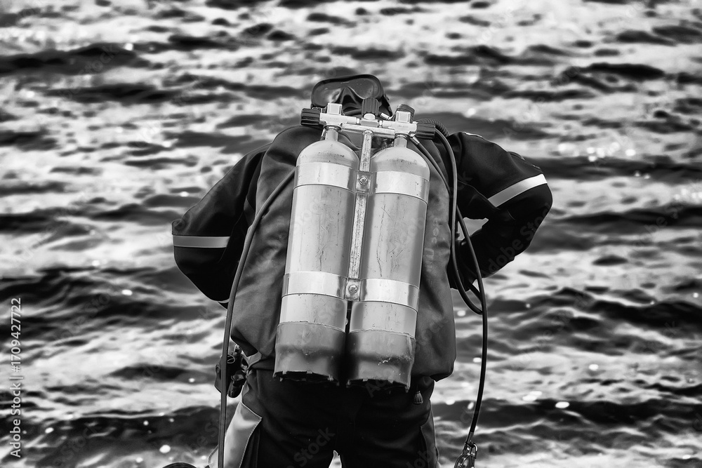 Diver in a dry suit prepares to dive into cold water, extreme diving ...