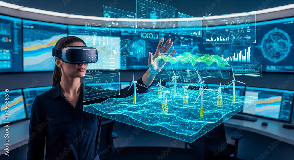 Female engineer in VR headset managing wind farm with holographic ...