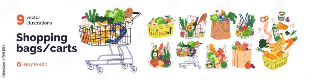 Shopping carts, paper bags, plastic and metal baskets from grocery ...