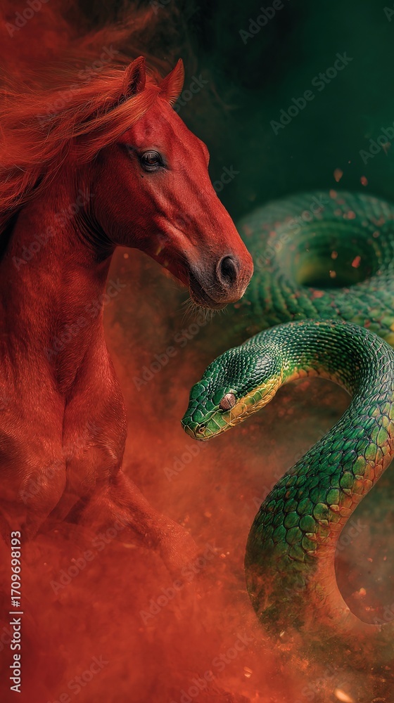 Symbols of 2025 and 2026, red fire horse and green snake symbolize the 2026 and 2025 chinese ...
