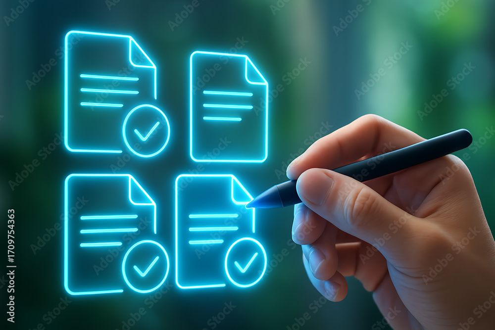 Hand using a stylus pen to check off digital documents on a virtual ...