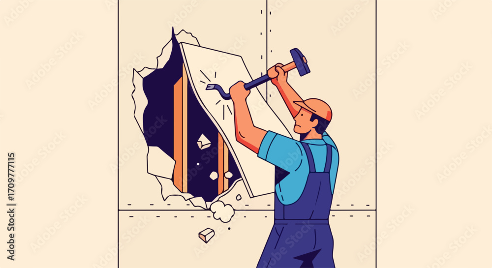 Depiction of demolition work featuring worker using hammer and crowbar ...