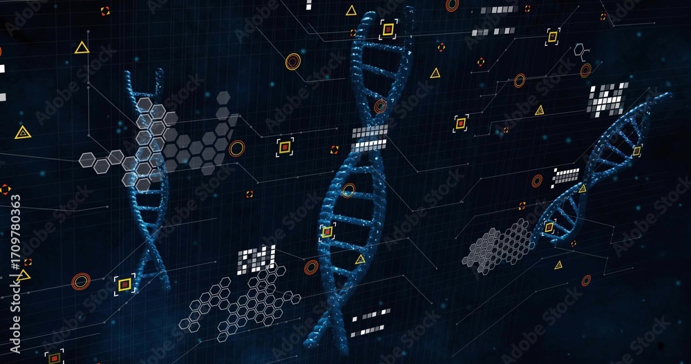 Displaying central blue DNA helix rotating in genomics dashboard, with ...
