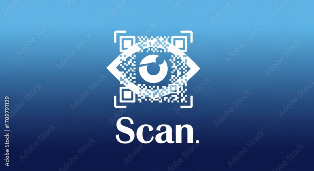 Eye qr code scan on a blue gradient background with the word scan ...
