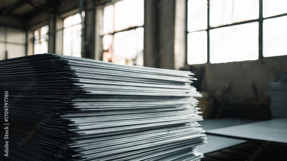 Neatly stacked shiny galvanized metal sheets in a spacious industrial ...