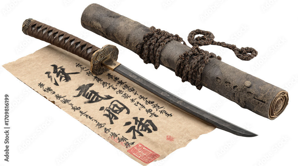 Japanese scroll with samurai symbols and katana beside it,Transparent ...