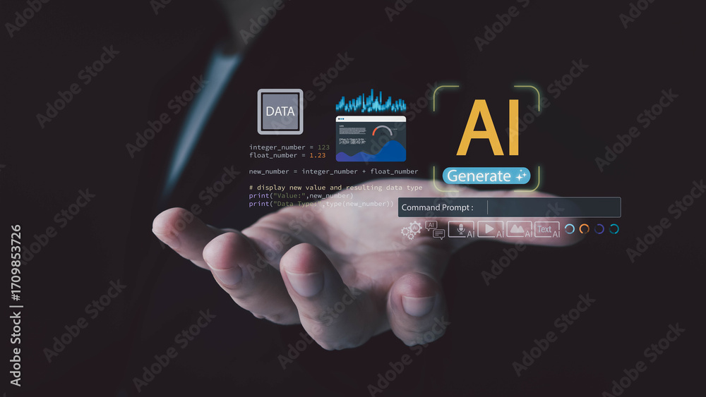 Open palm holding glowing digital interfaces with data, charts, code ...