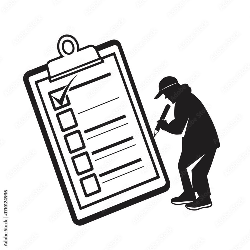 Checklist icon in black silhouette with a person checking off an item ...