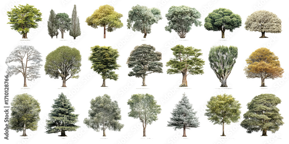 A collection of diverse trees of various shapes, sizes, and foliage ...