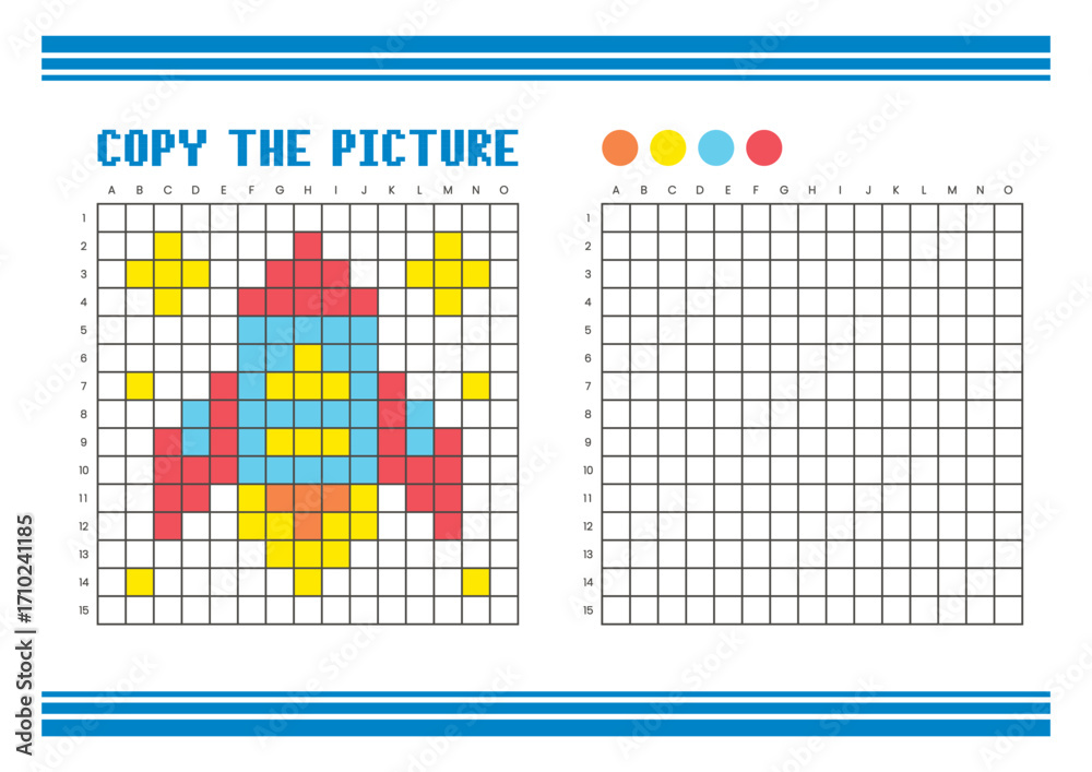 Copy the picture grid drawing worksheet for kids. Pixel art rocket の Stock ベクター | Adobe Stock