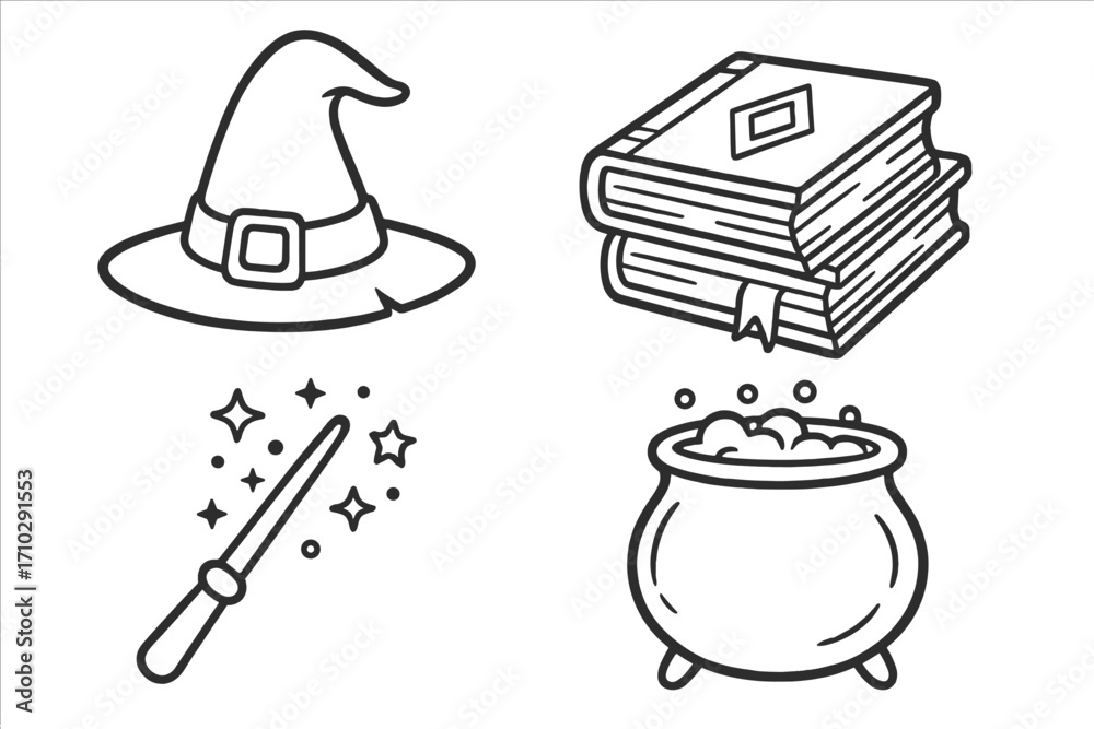 Magic line art set. Witchcraft and wizardry icons. Vector cartoon ...