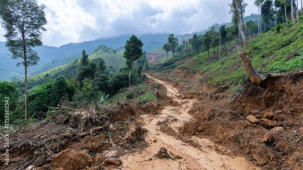 Devastating landslide on deforested mountain slope causing severe soil ...