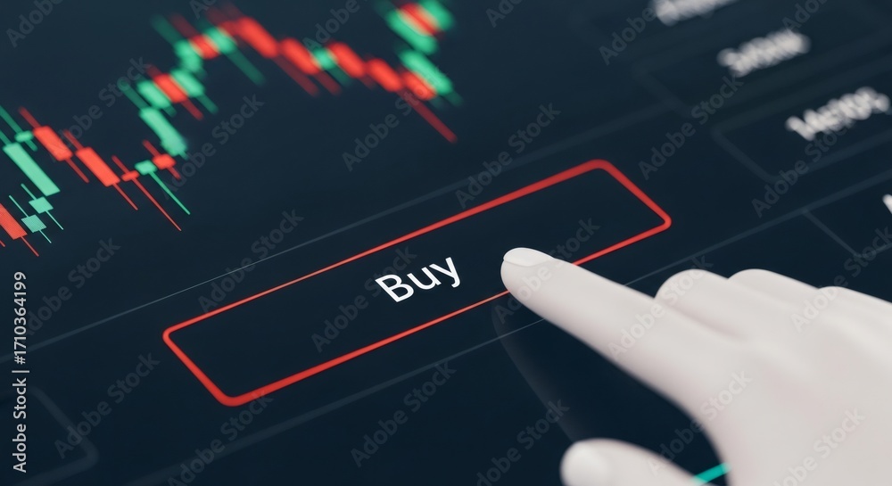 Finger pointing at buy button on trading platform. Stock market chart ...