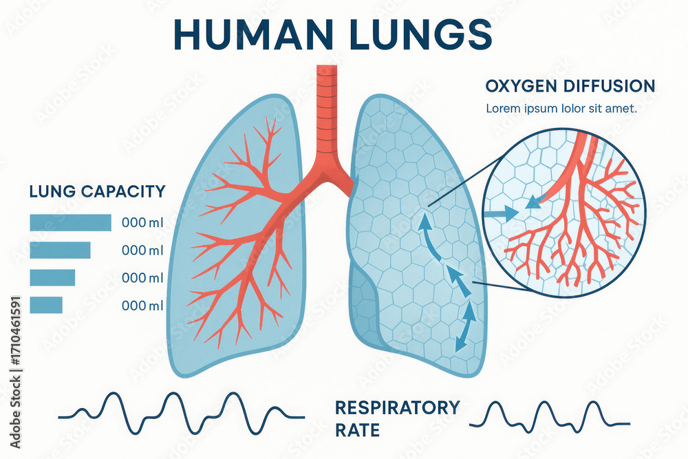 Human lungs diagram showing lung capacity and respiratory rate. Stock ...