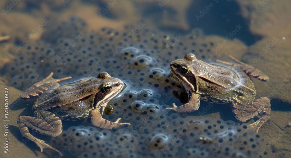 Two frogs guarding a cluster of frog eggs Stock Photo | Adobe Stock