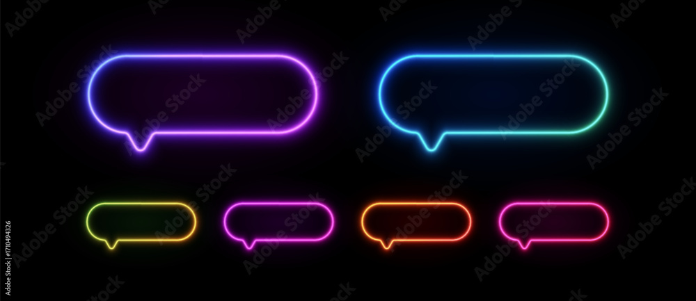 Neon light speech bubble. Talk sign for text message. Glowing led chat ...