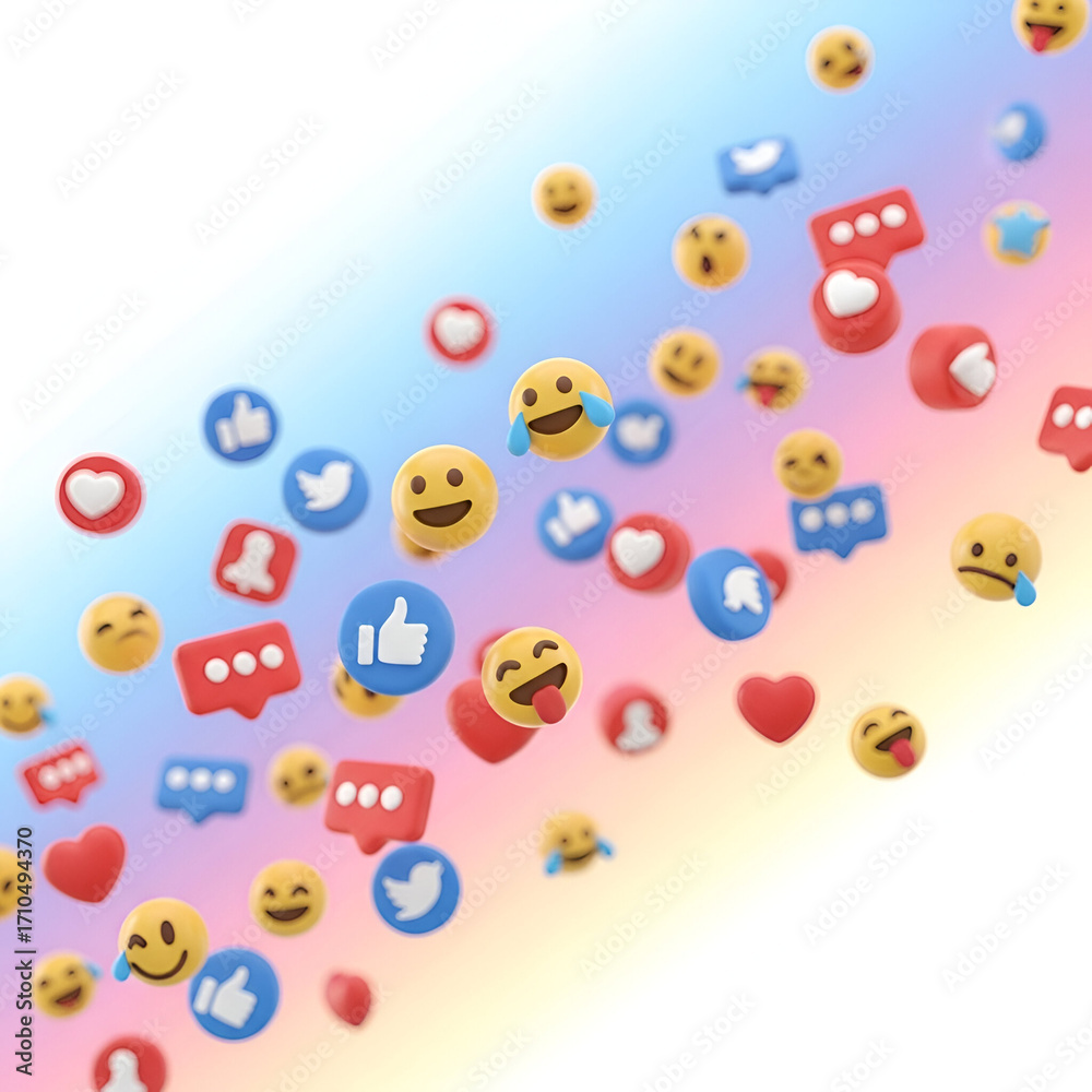 Colorful explosion of social media icons and emojis with a gradient ...