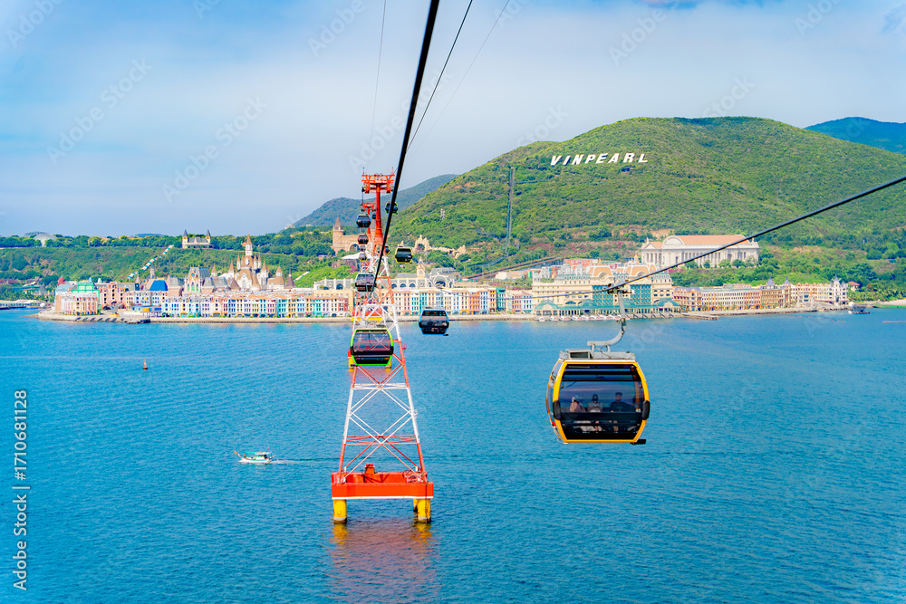 Cable car over the sea. Funicular to the island of entertainment in Nha ...
