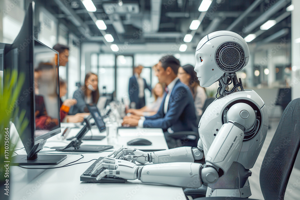 AI robot using computer work with human team in teamwork productivity assistant coding agent in ...