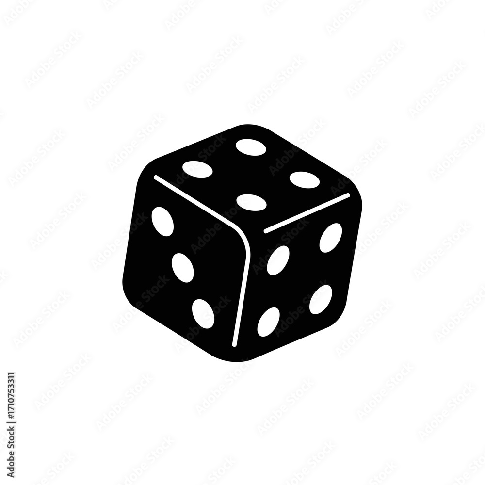 Black silhouette of a six sided die with pips showing one two and three ...