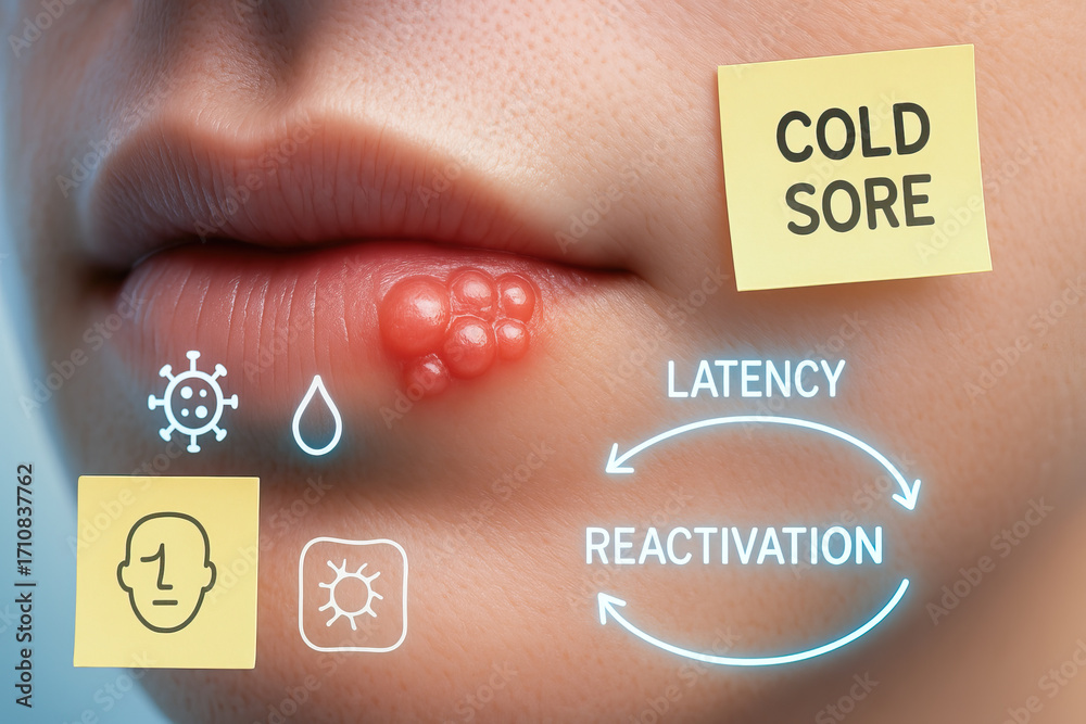 Cold sore blister on lower lip with medical icons and latency ...