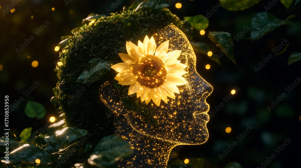 Human silhouette intertwined with blooming sunflower, surrounded by ...