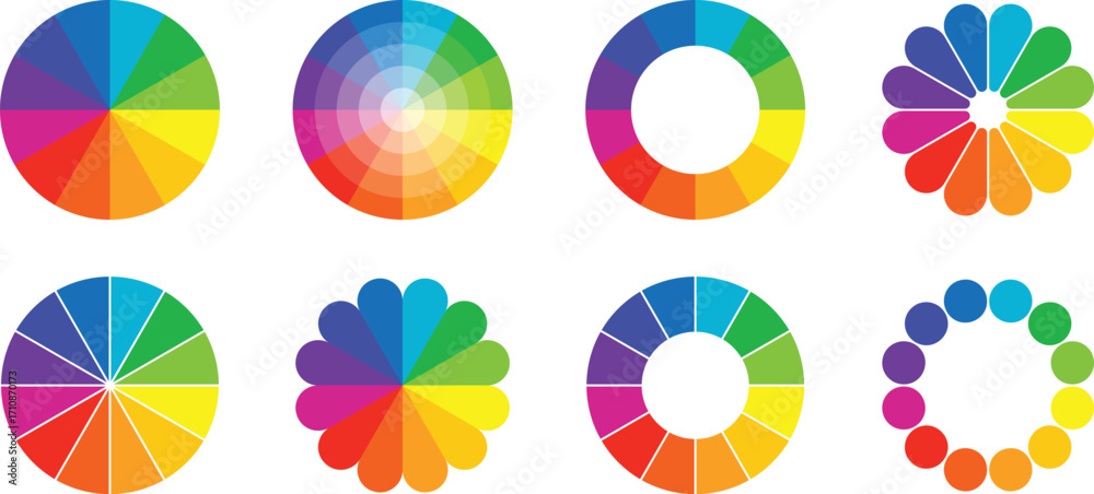 Colors Wheel icon set. Multicolored chart and diagram for graphic design. RGB colors guide ...