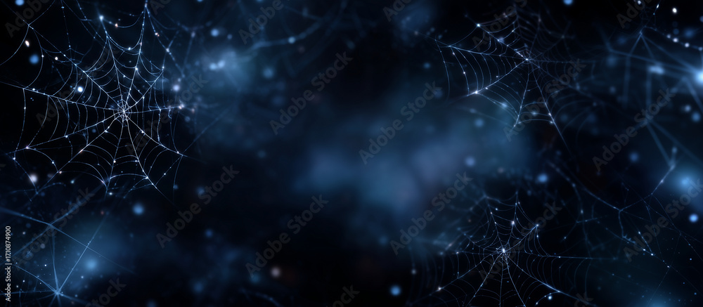 Halloween background with spider webs, crawling spiders, and eerie ...