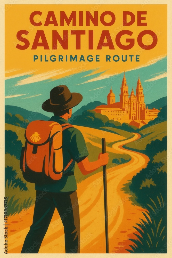 Vintage-style poster showing a pilgrim on the Camino de Santiago in ...